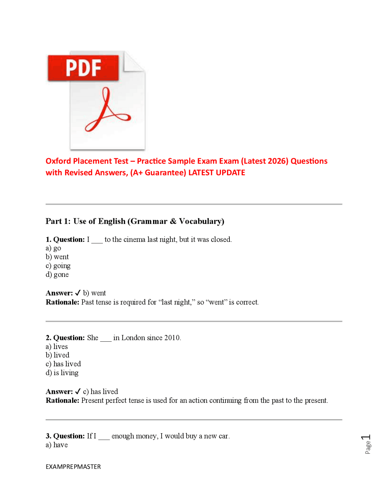 Oxford Placement Test Practice Exam: Grammar, Vocabulary, and ...