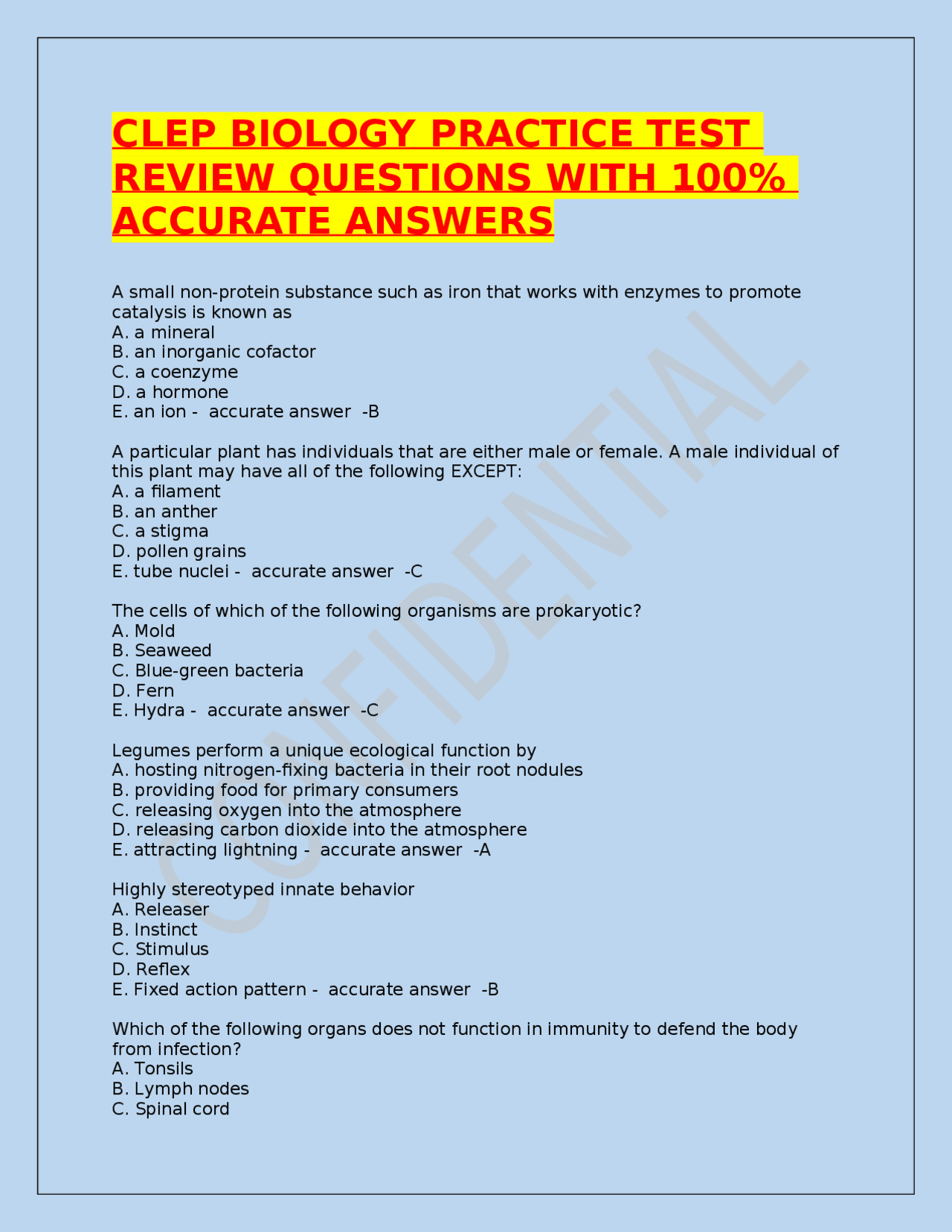CLEP BIOLOGY PRACTICE TEST REVIEW QUESTIONS WITH 100% ACCURATE ANSWERS ...
