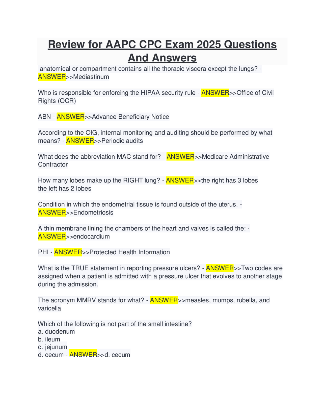 AAPC CPC Exam Review 2025: Questions and Answers | Exams Nursing | Docsity