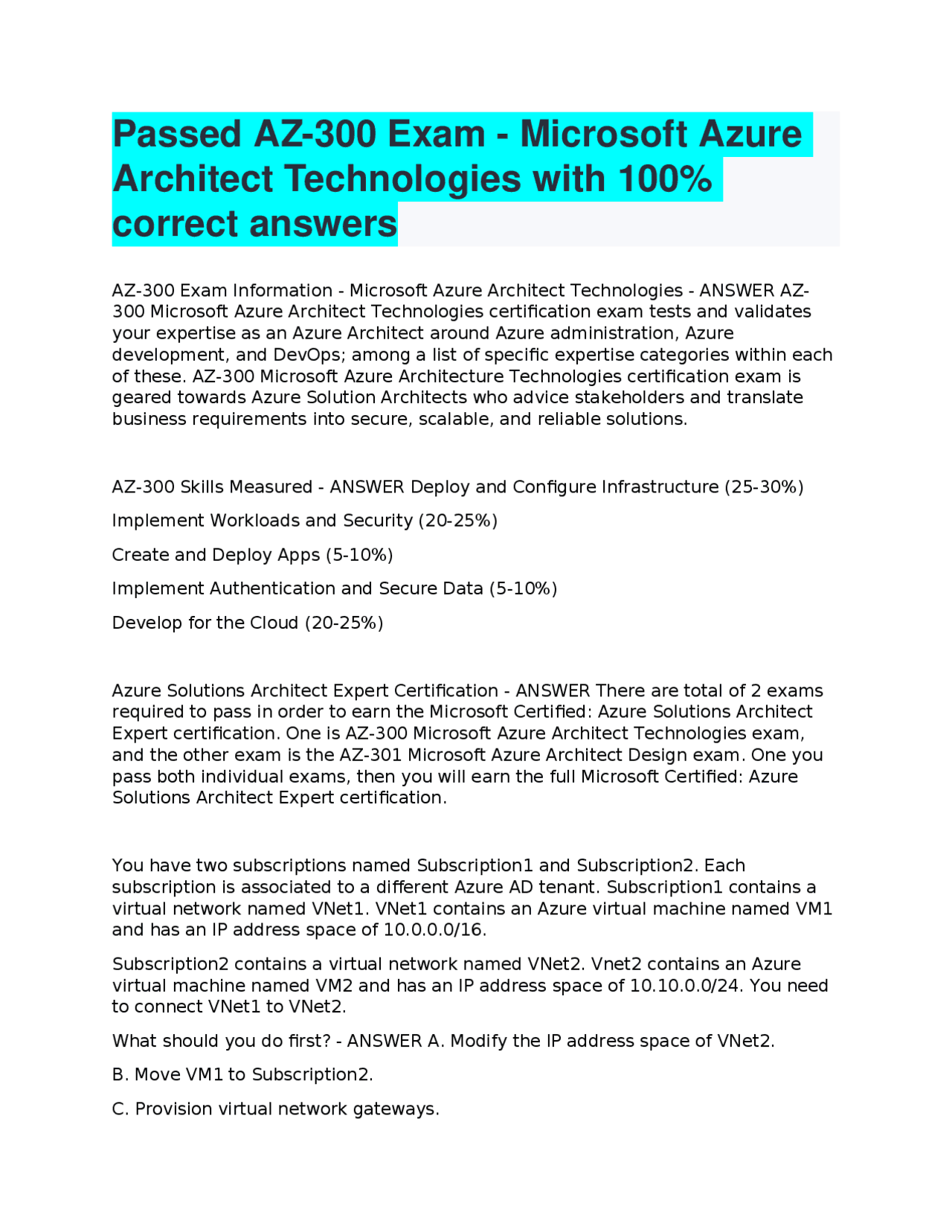 AZ-300 Microsoft Azure Architect Technologies Exam Questions and ...