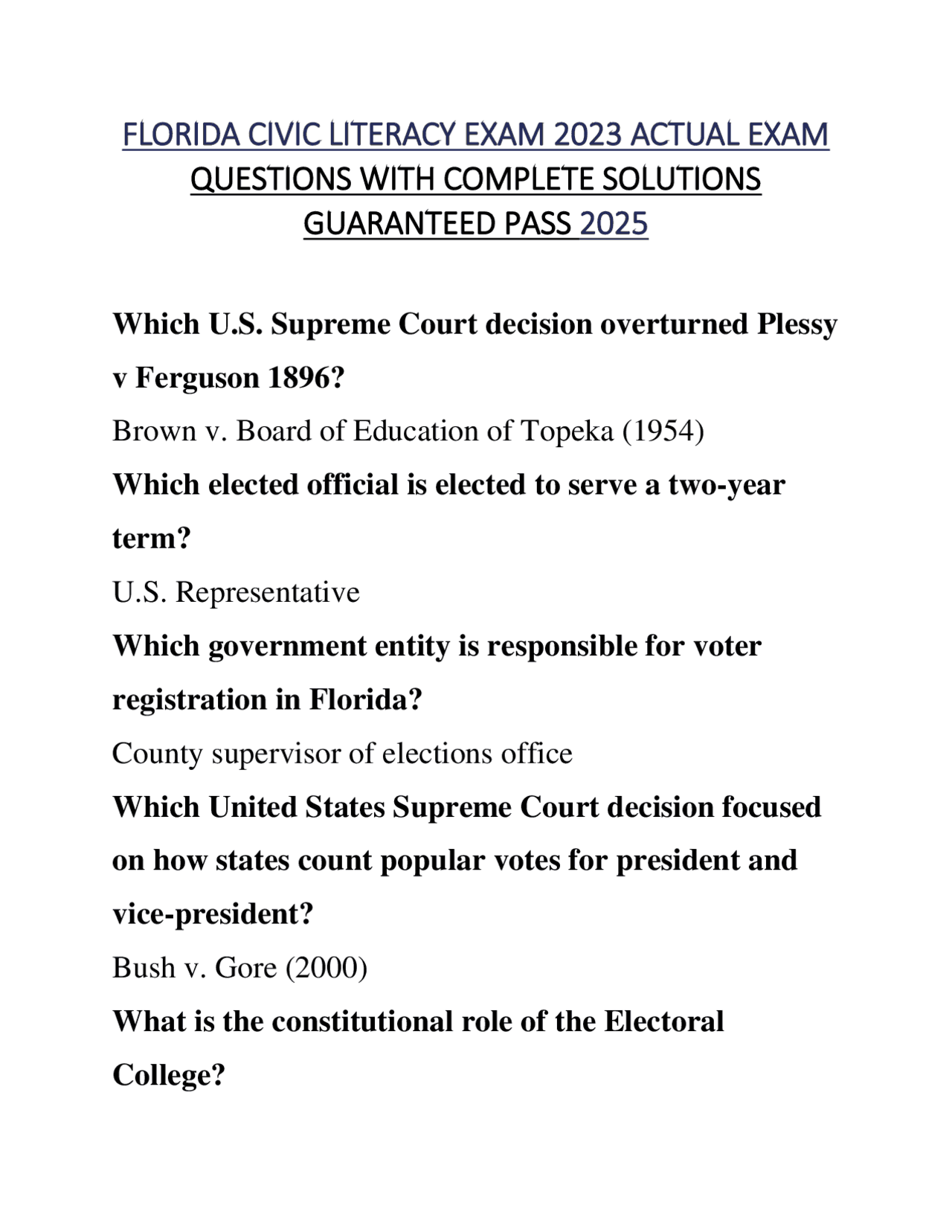 FLORIDA CIVIC LITERACY EXAM 2023 ACTUAL EXAM QUESTIONS & SOLUTIONS ...