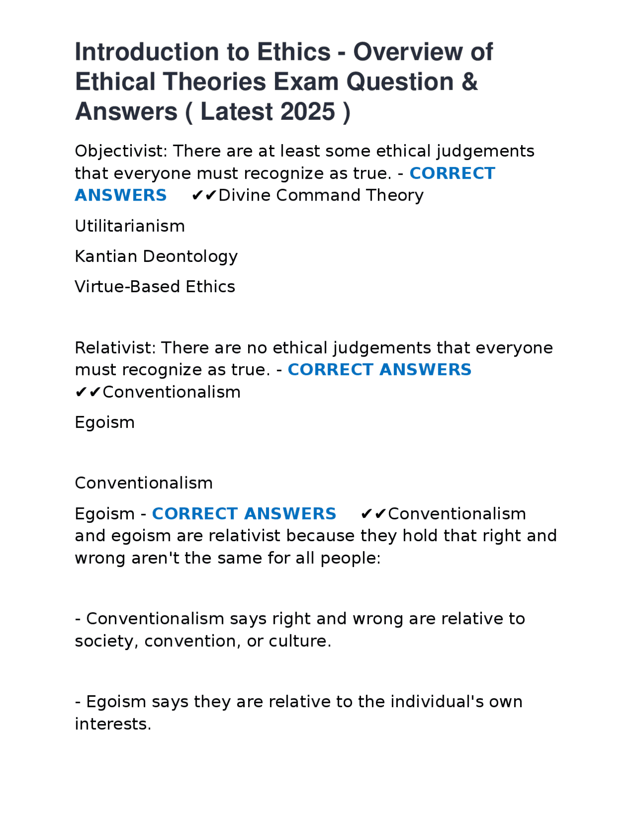 Ethics Exam Questions and Answers: Ethical Theories Overview | Exams ...