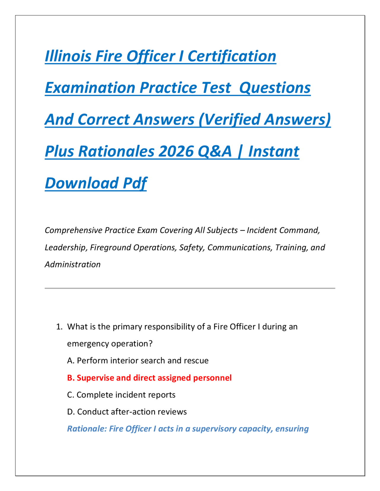 Illinois Fire Officer I Certification Examination Practice Test ...
