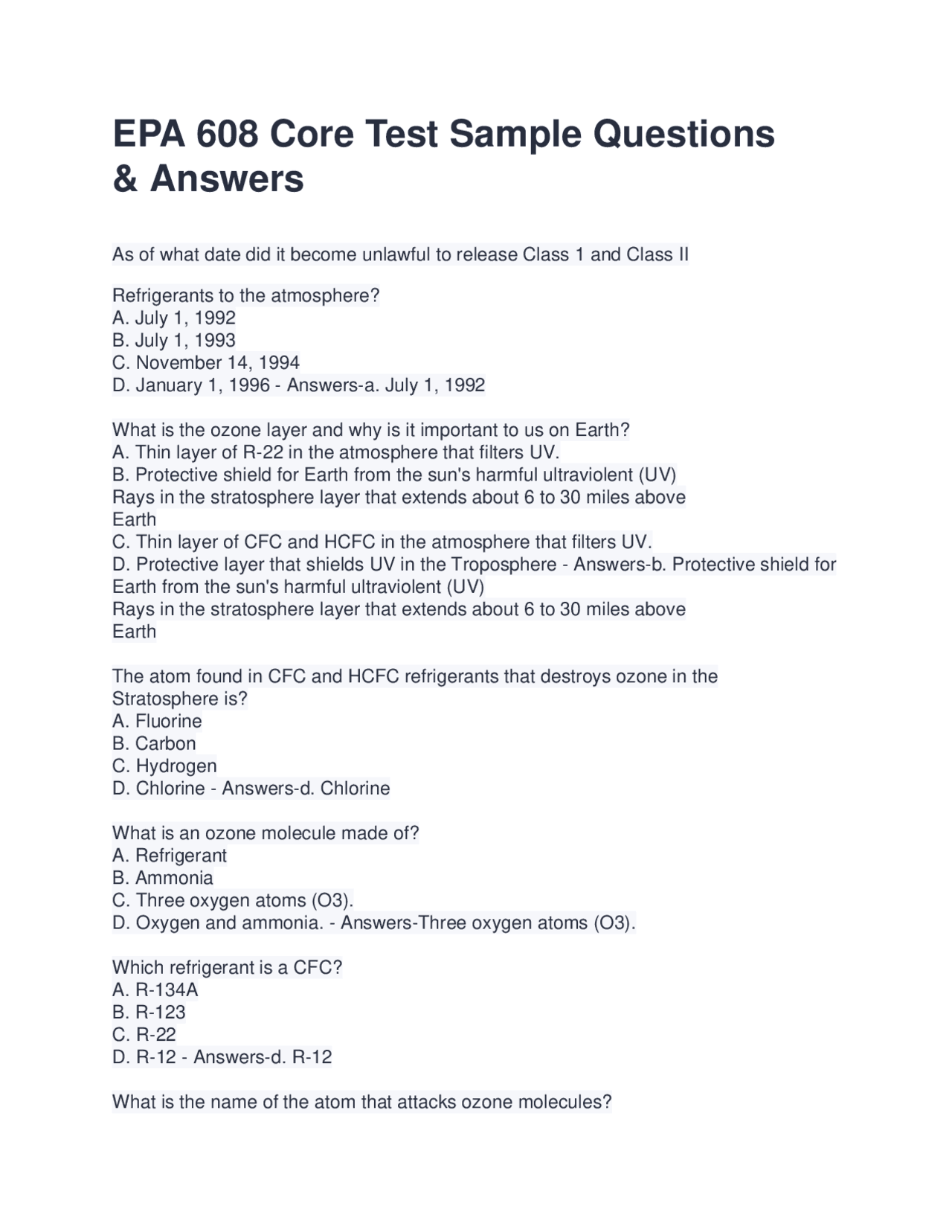 EPA 608 Core Test Sample Questions & Answers | Exams Nursing | Docsity