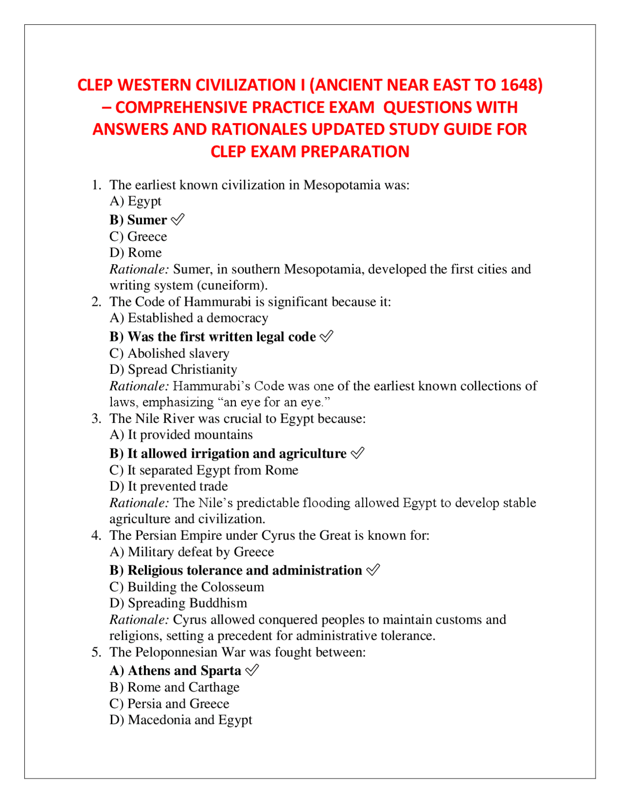 CLEP Western Civilization I Practice Exam: Comprehensive Study Guide ...