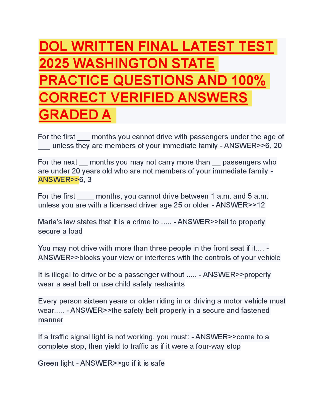 Washington State DOL Written Final Test Practice Questions 2025 | Exams ...