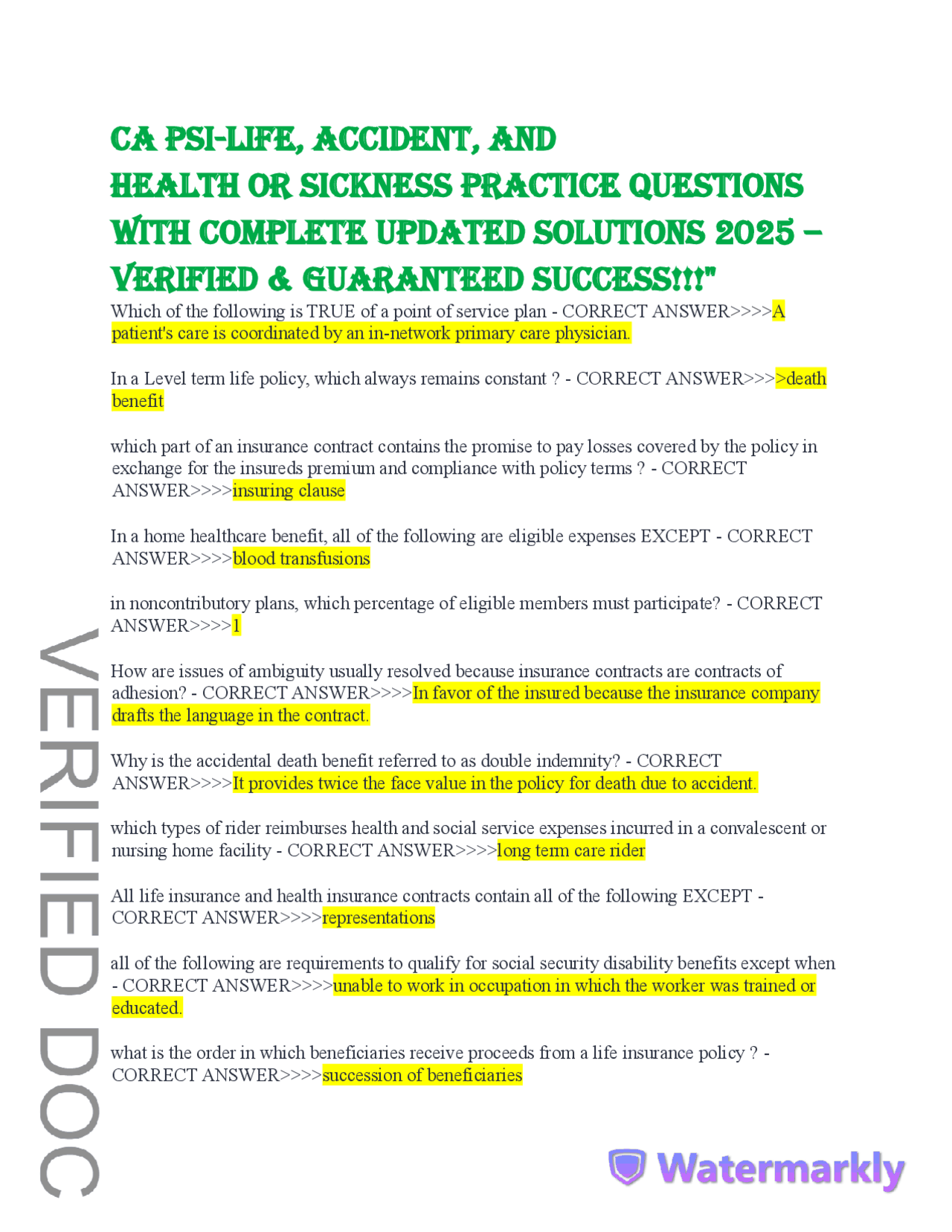 CA PSI Life, Accident, and Health Insurance Practice Questions with ...