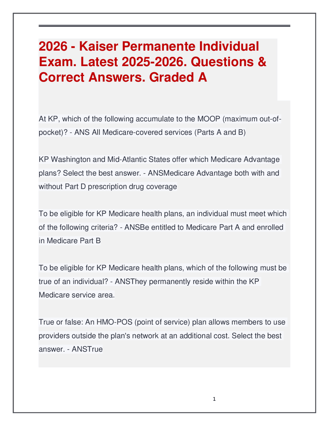 Kaiser Permanente Medicare Exam Questions and Answers 2025-2026 | Exams ...