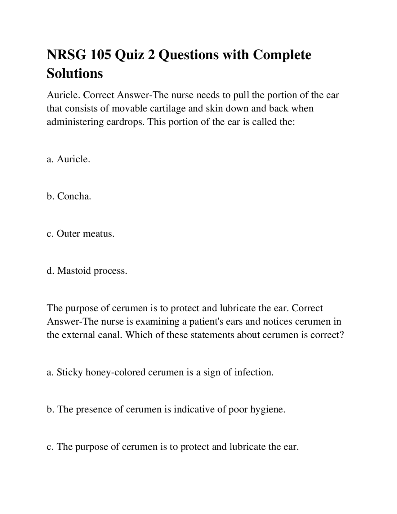 NRSG 105 Quiz 2: Comprehensive Questions and Solutions for Nursing ...