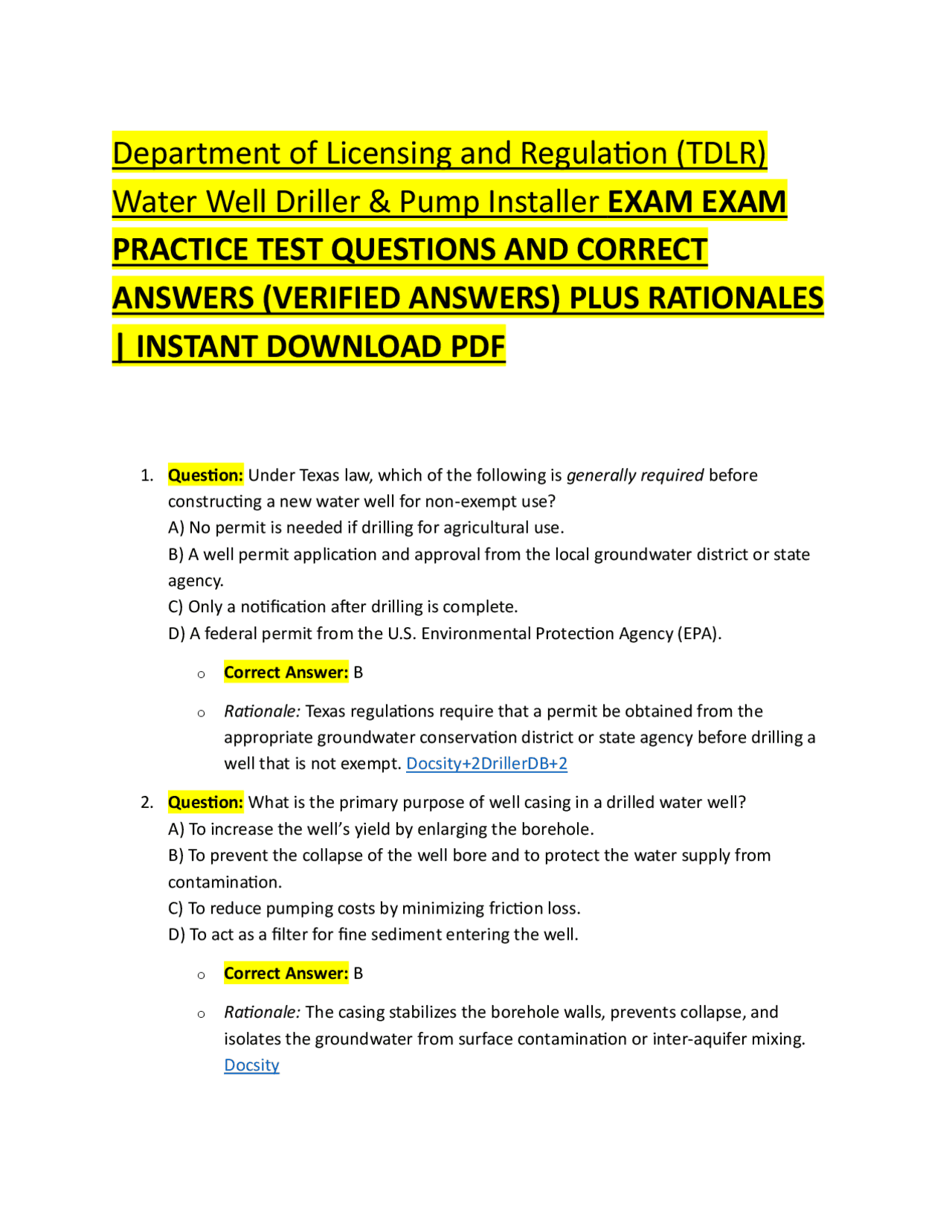 Water Well Driller Exam Practice Test: Questions and Verified Answers ...