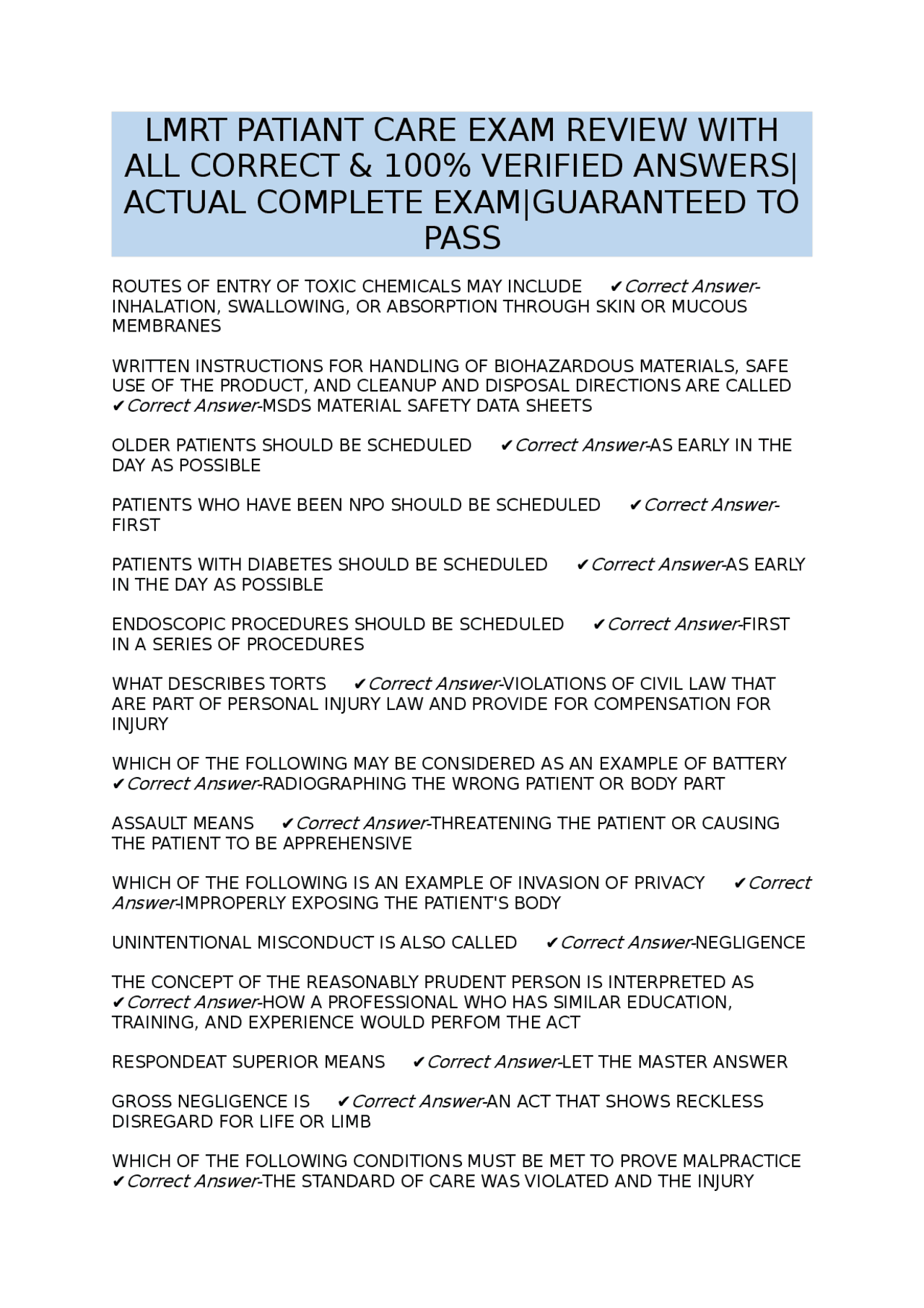 LMRT Patient Care Exam Review: Questions and Verified Answers | Exams ...