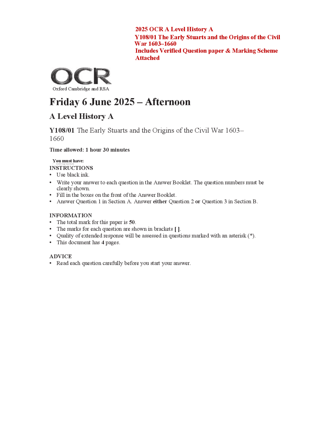 2025 OCR A Level History A Y108/01 The Early Stuarts and the Origins of ...