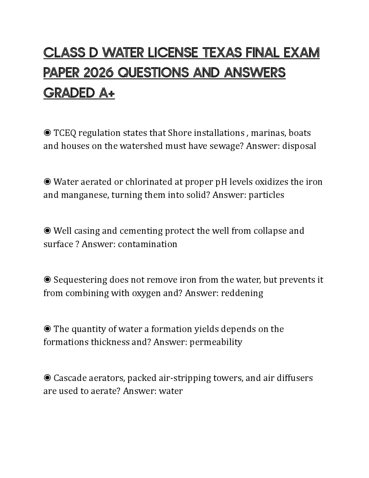 CLASS D WATER LICENSE TEXAS FINAL EXAM PAPER 2026 QUESTIONS AND ANSWERS ...