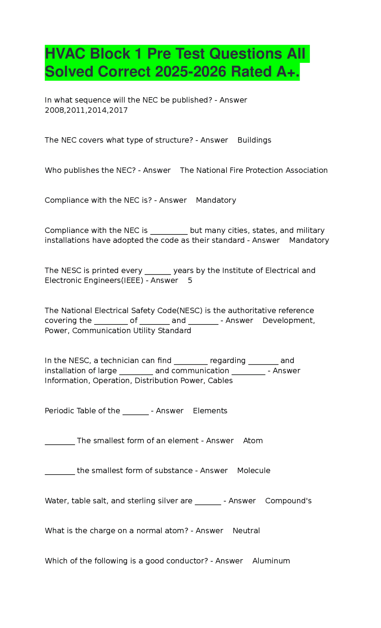 HVAC Block 1 Pre Test Questions All Solved Correct 2025-2026 Rated A+ ...