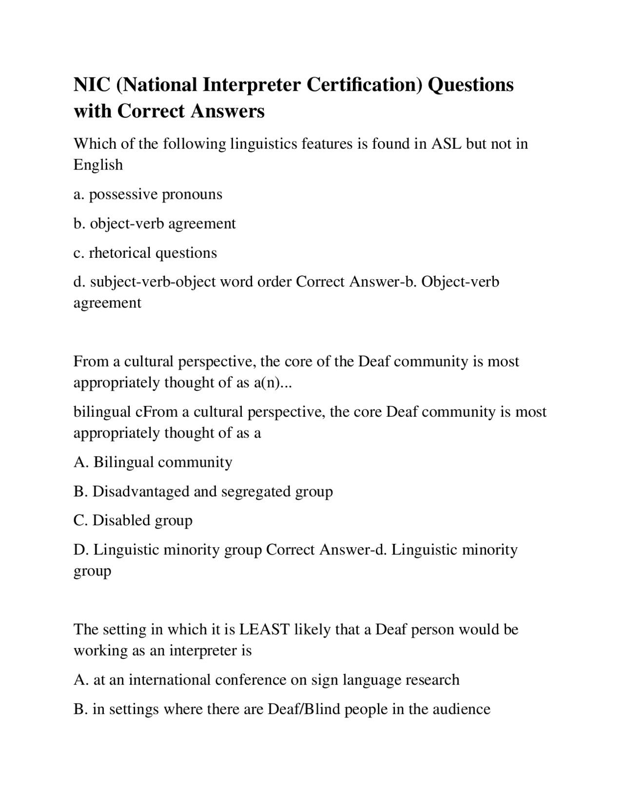 NIC (National Interpreter Certification) Questions with Correct Answers ...