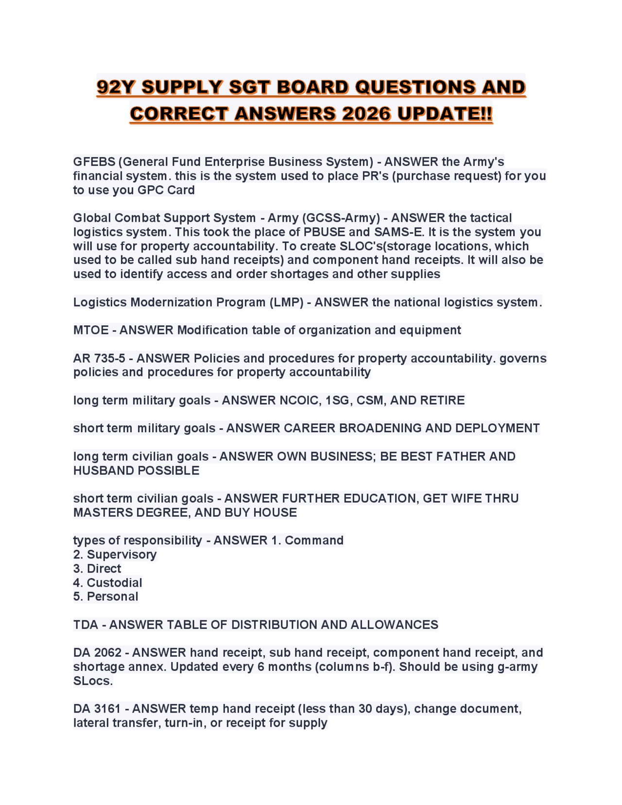 92Y SUPPLY SGT BOARD QUESTIONS AND CORRECT ANSWERS 2026 UPDATE ...