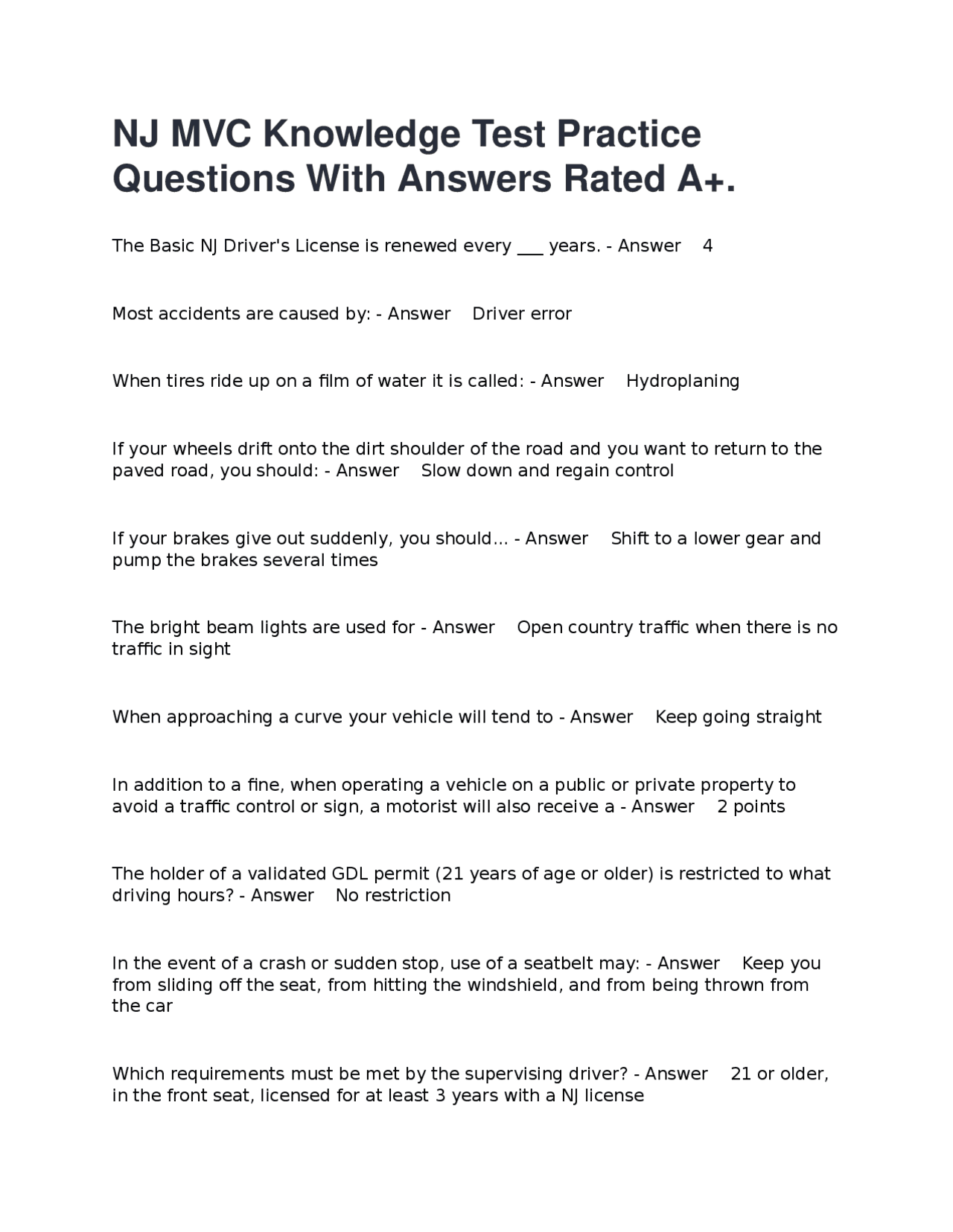 NJ MVC Knowledge Test: Practice Questions and Answers | Exams Advanced ...