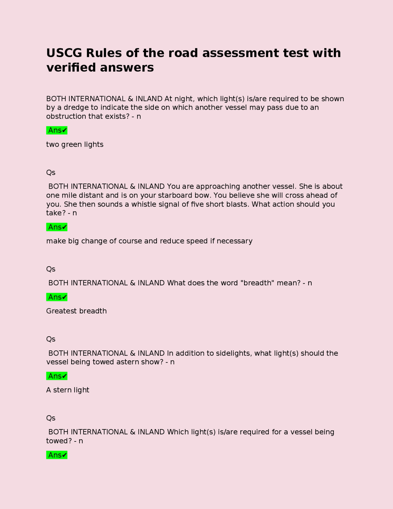 USCG Rules of the road assessment test with verified answers BOTH ...