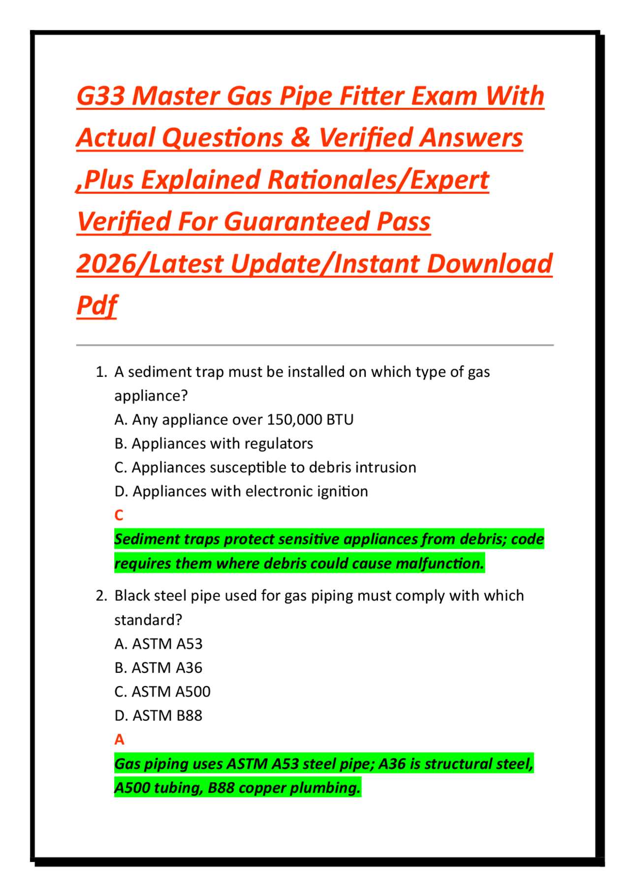 G33 Master Gas Pipe Fitter Exam With Actual Questions & Verified ...