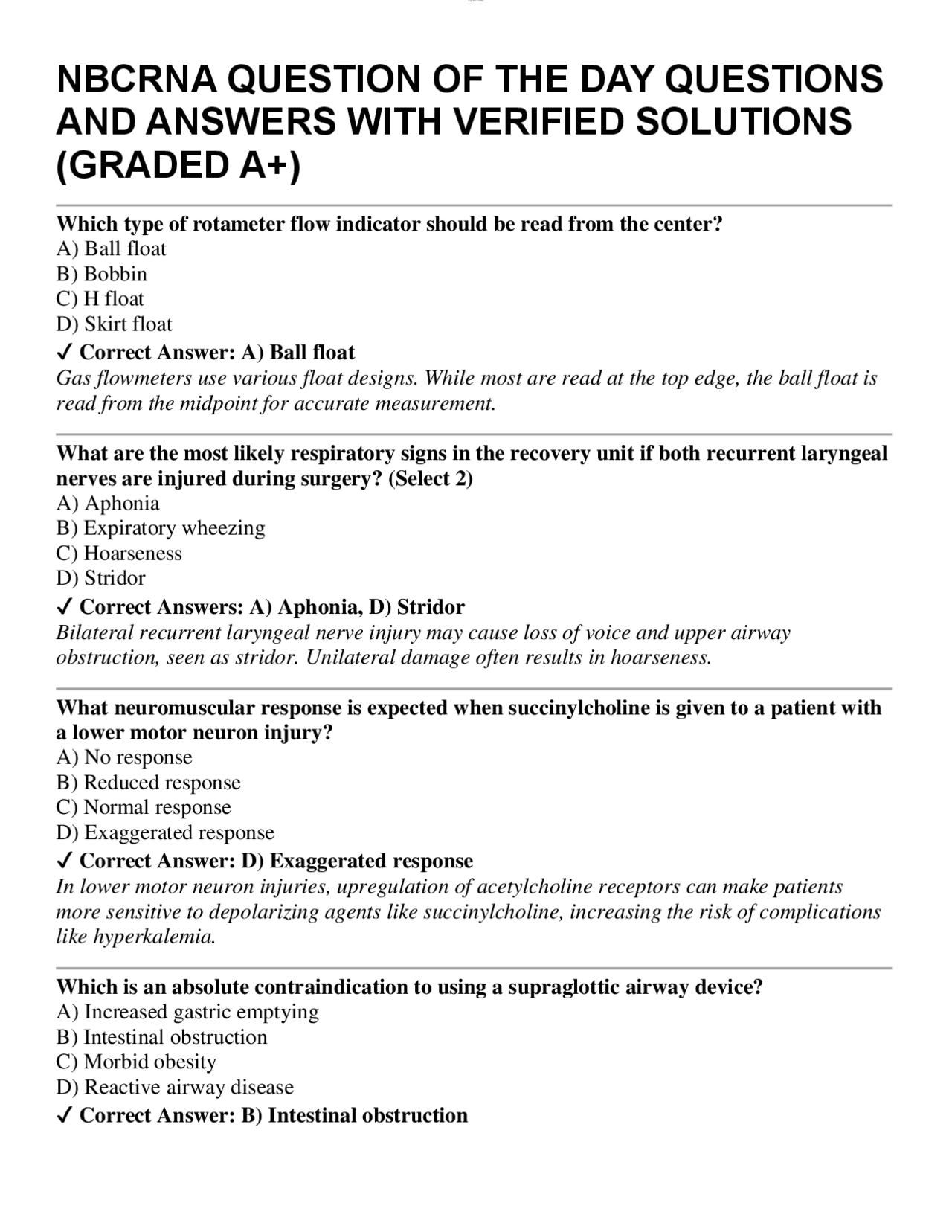 NBCRNA QUESTION OF THE DAY QUESTIONS AND ANSWERS WITH VERIFIED ...