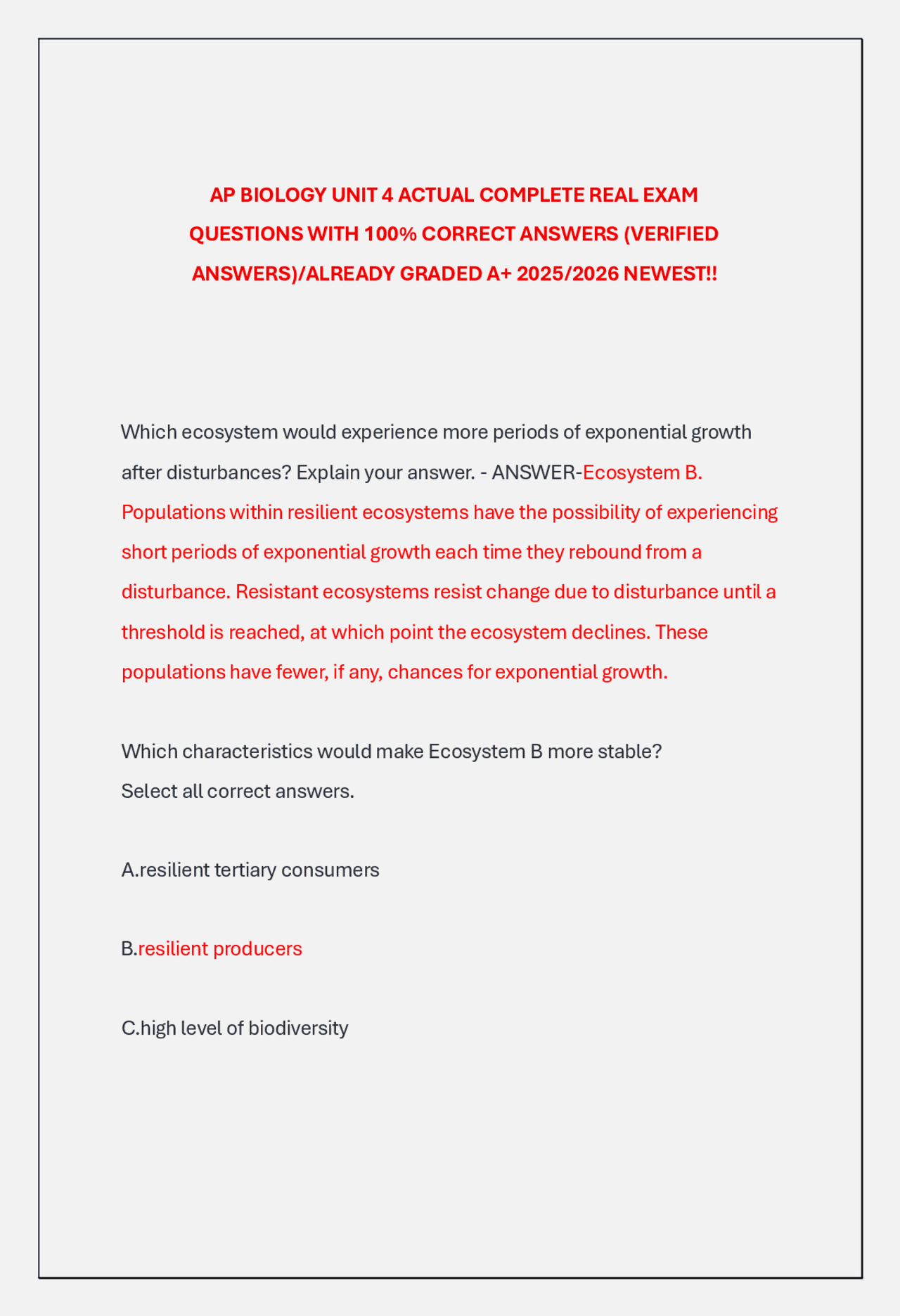 AP BIOLOGY UNIT 4 ACTUAL COMPLETE REAL EXAM QUESTIONS WITH 100% CORRECT ...