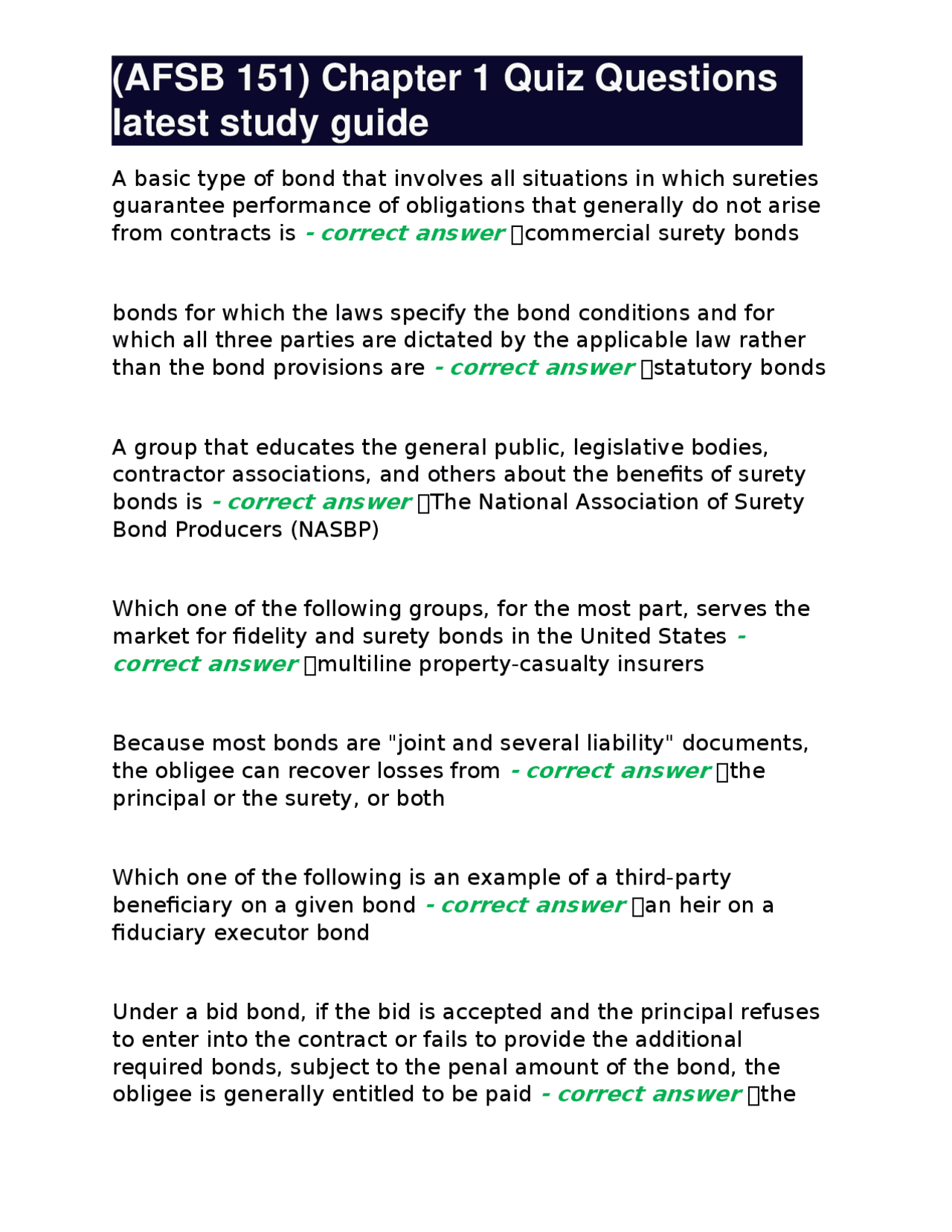 Surety Bonds: Chapter 1 Quiz Questions and Answers | Exams Insurance ...