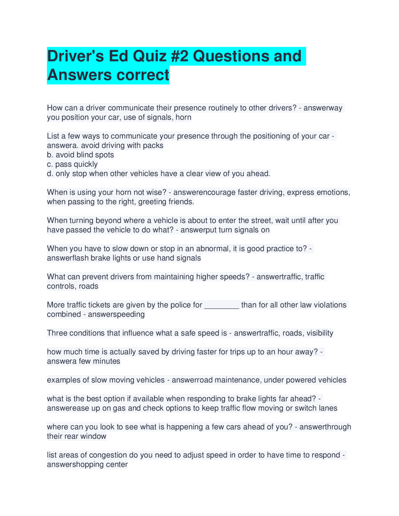 Driver's Education Quiz #2: Mastering Road Safety Knowledge | Exams ...