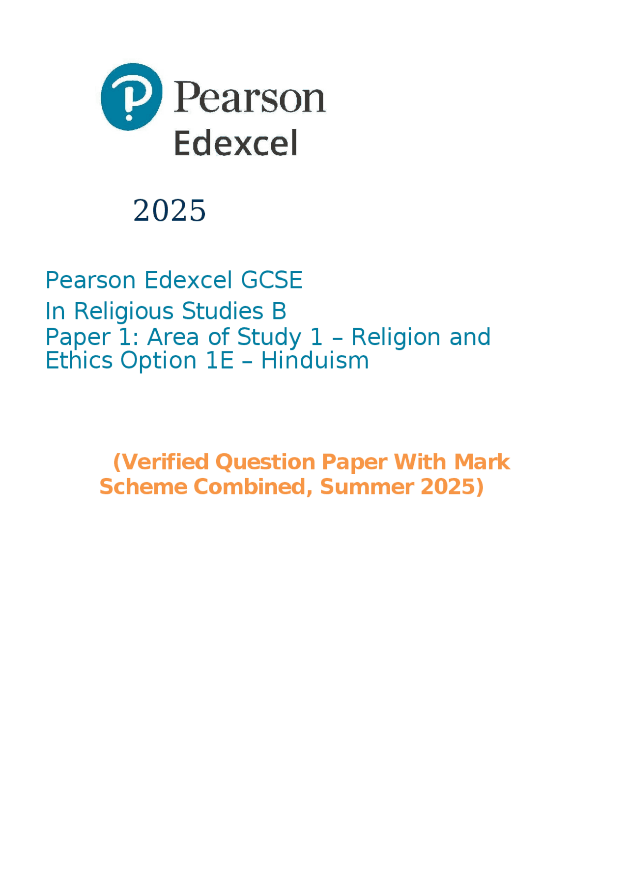 2025 Pearson Edexcel GCSE In Religious Studies B Paper 1: Area of Study ...