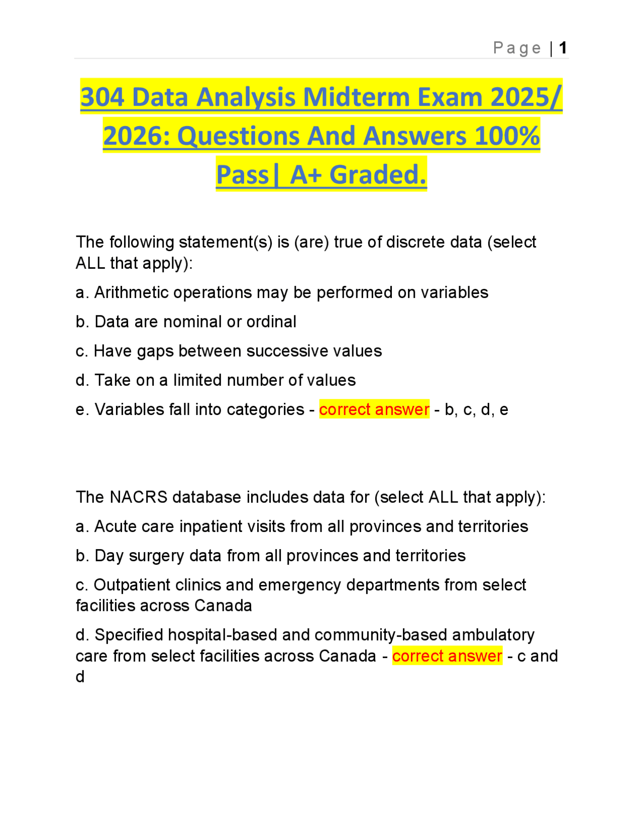 Data Analysis Midterm Exam Questions and Answers | Exams Nursing | Docsity