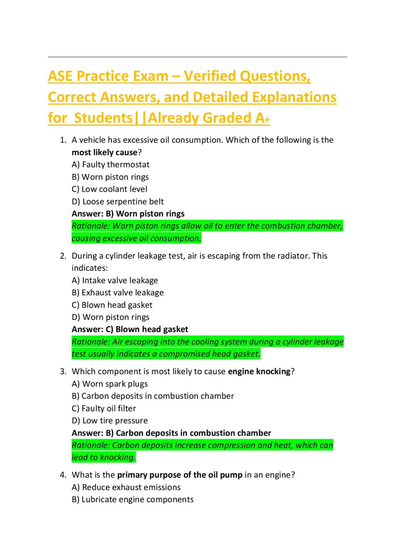 ASE Practice Exam – Verified Questions, Correct Answers, and Detailed ...