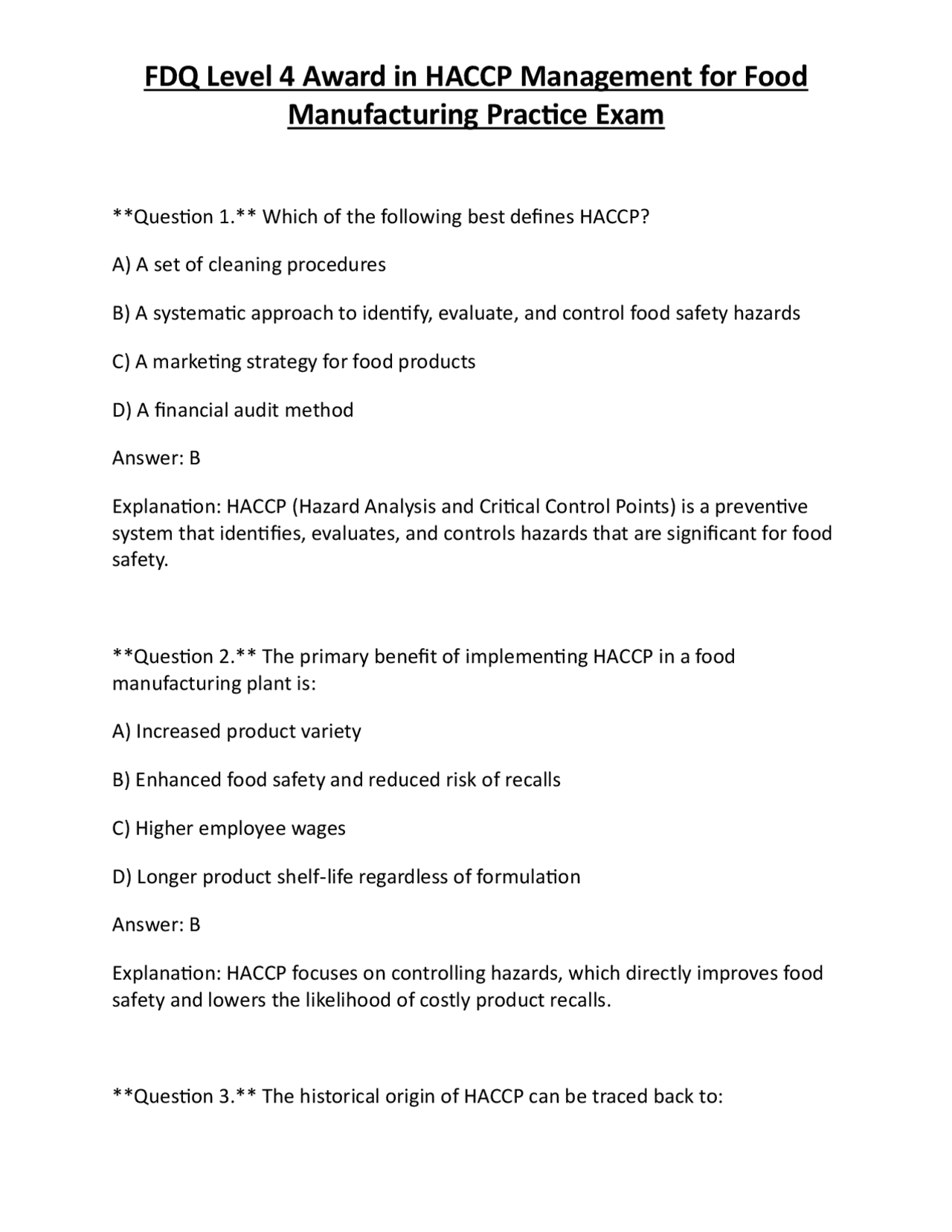 HACCP Management Practice Exam: Level 4 Award Questions and Answers ...