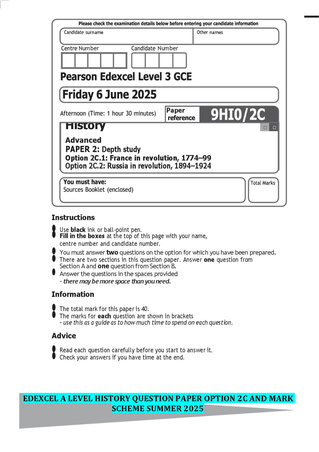 EDEXCEL A LEVEL HISTORY QUESTION PAPER OPTION 2C AND MARK SCHEME SUMMER ...