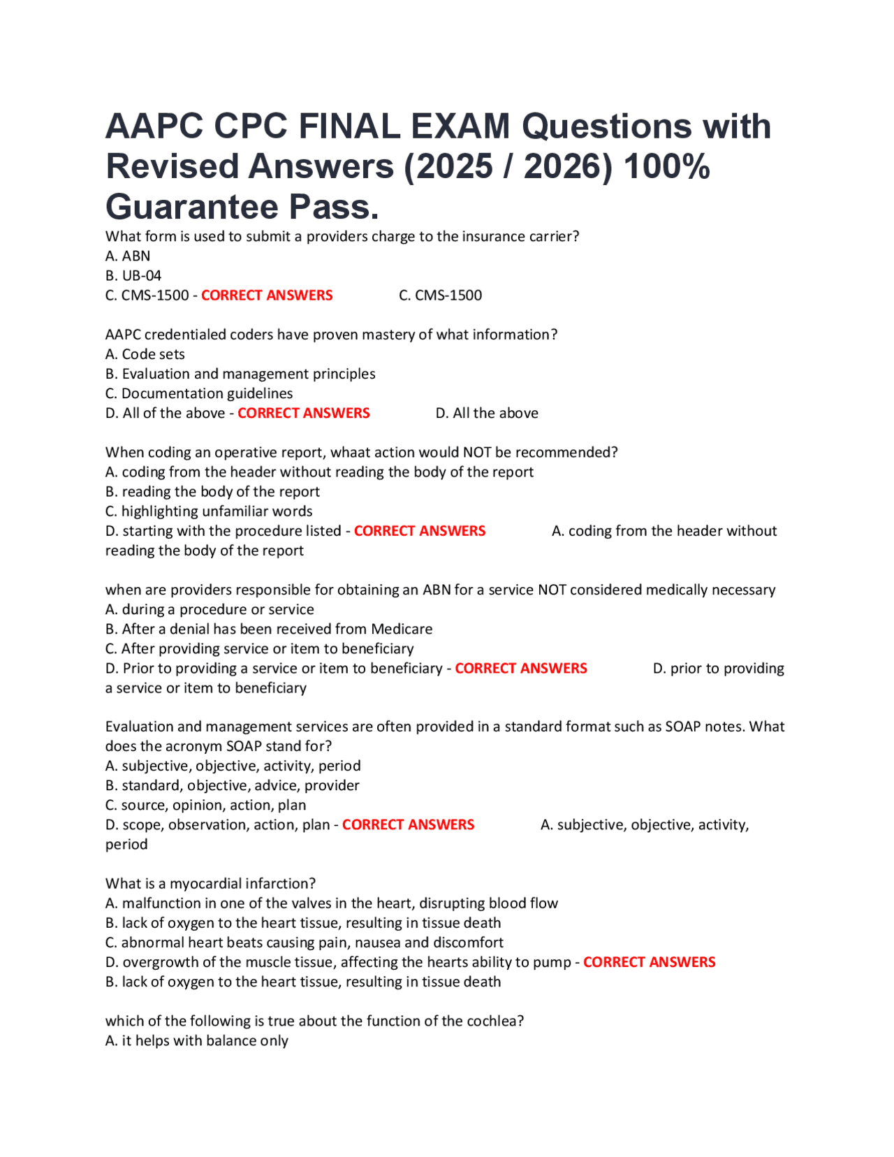 AAPC CPC Exam Questions and Answers (2025/2026) | Exams Nursing | Docsity