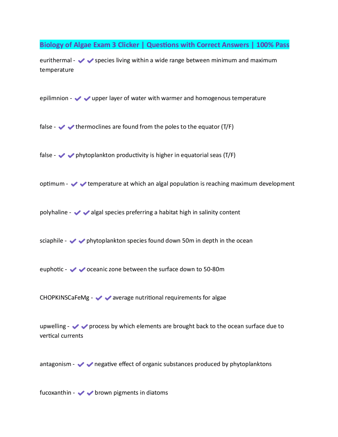 Algae Biology Exam 3: Clicker Questions and Answers | Exams Biology ...