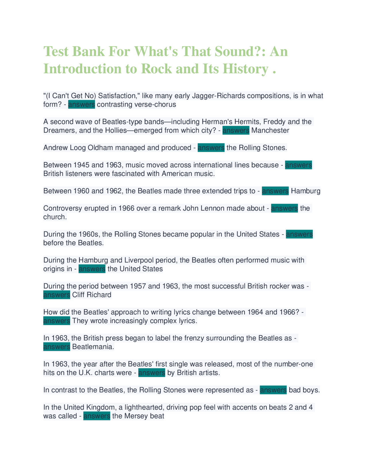 Rock Music History Test Bank: Questions and Answers | Exams History of ...