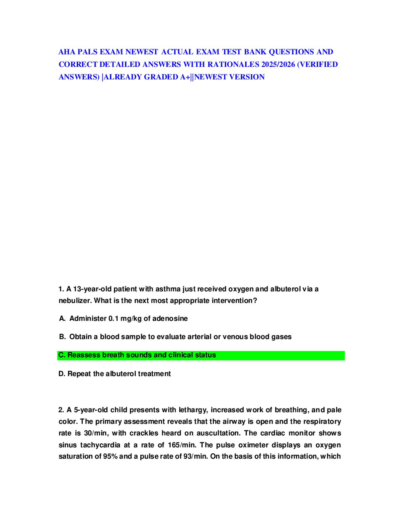 AHA PALS EXAM NEWEST ACTUAL EXAM TEST BANK QUESTIONS AND CORRECT ...