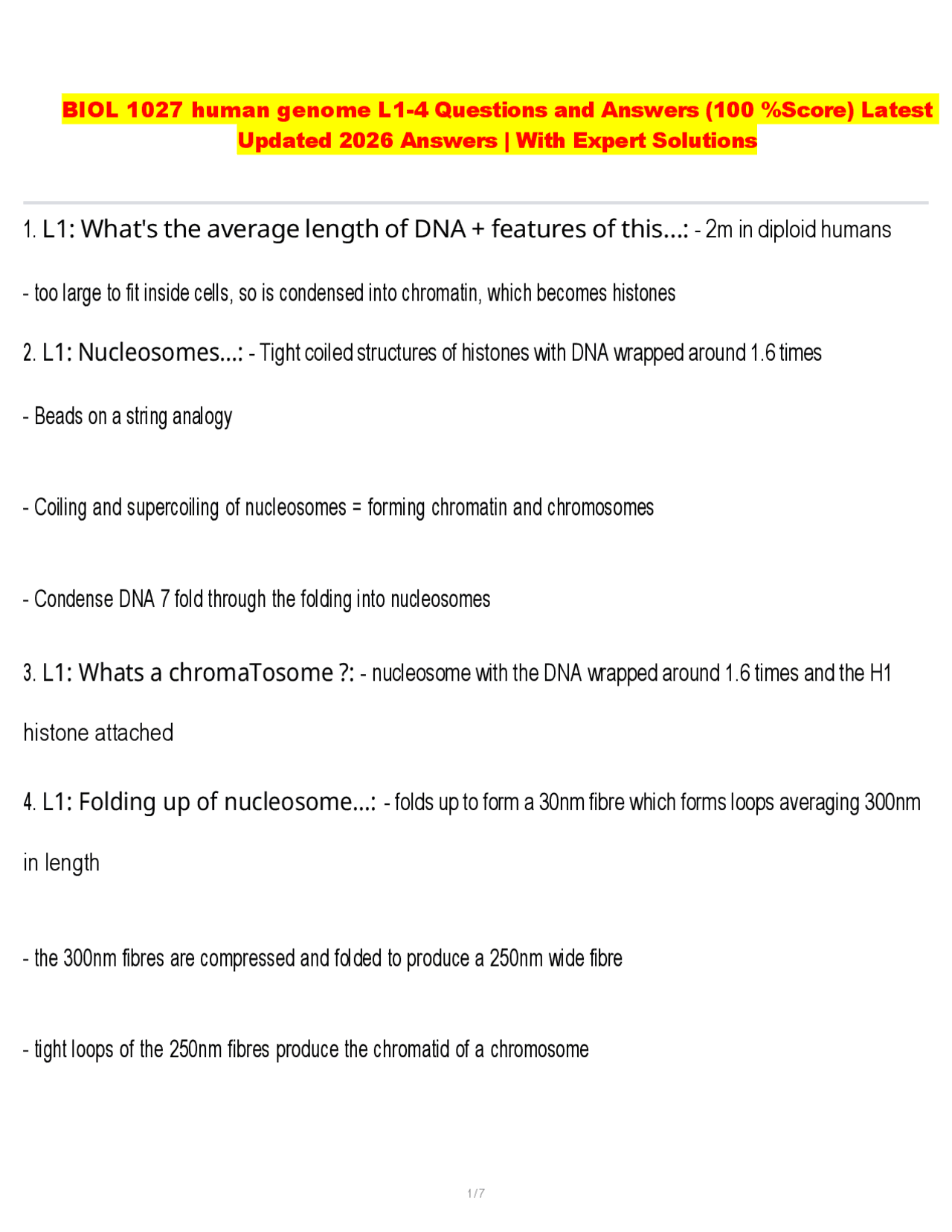 BIOL 1027 human genome L1-4 Questions and Answers (100 %Score) Latest ...