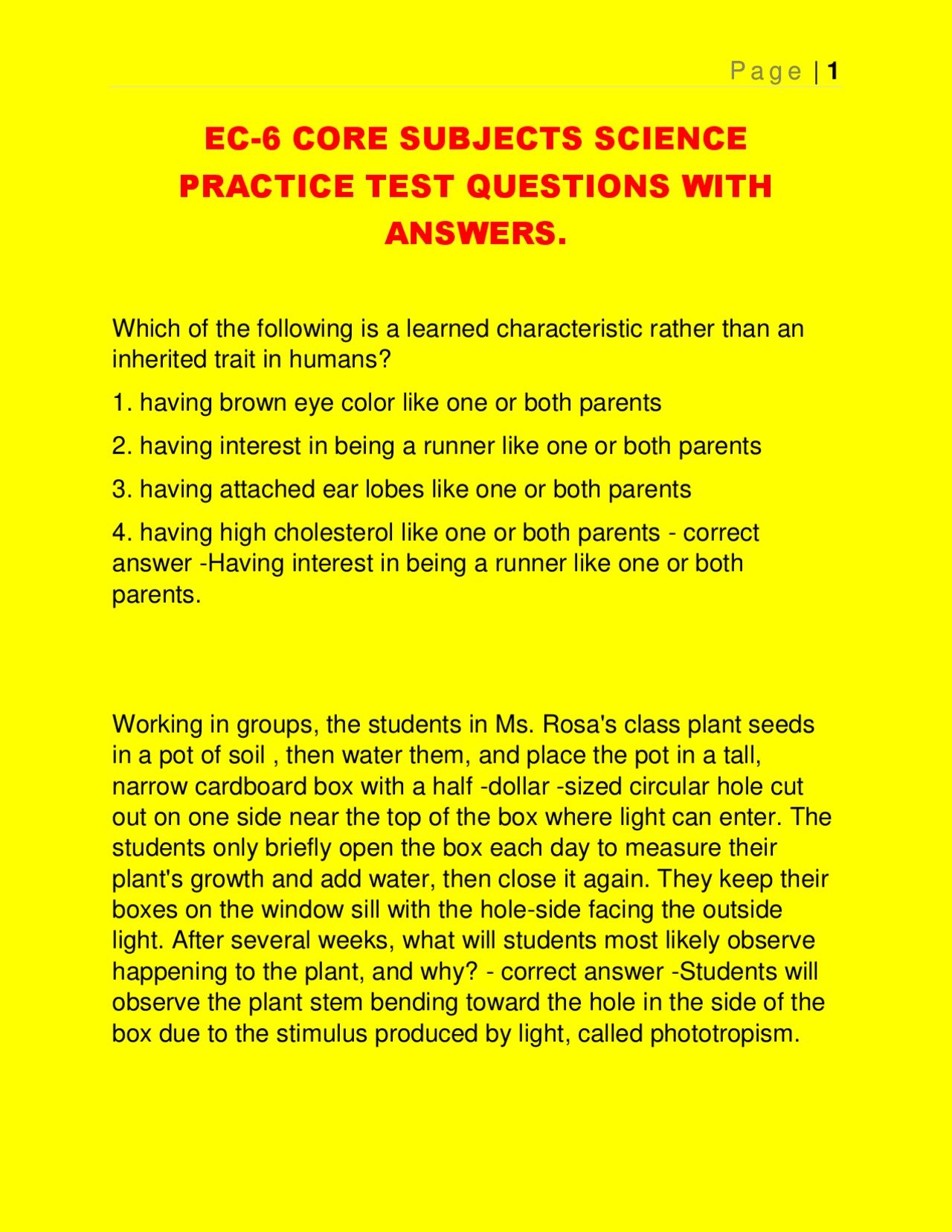 Science Practice Test Questions and Answers for EC-6 Core Subjects ...