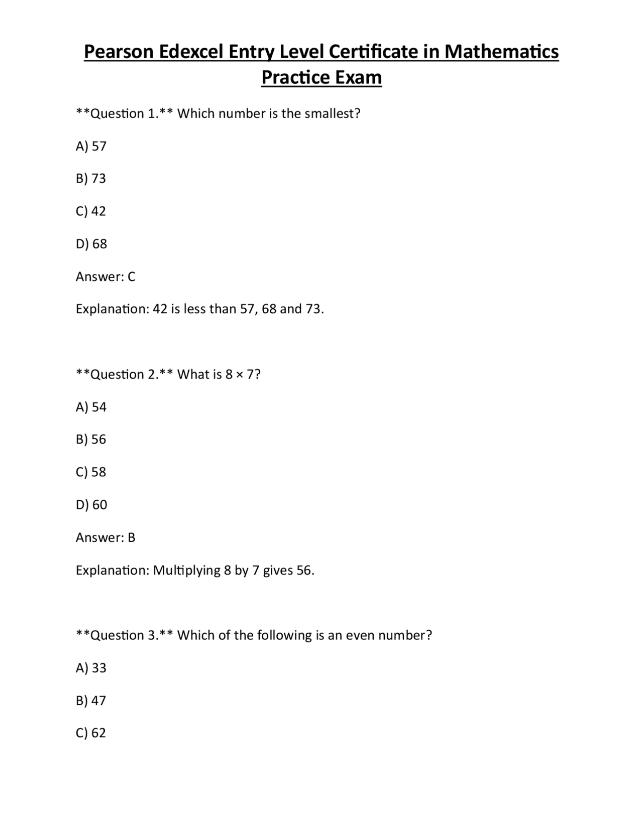 Pearson Edexcel Entry Level Certificate in Mathematics Practice Exam ...