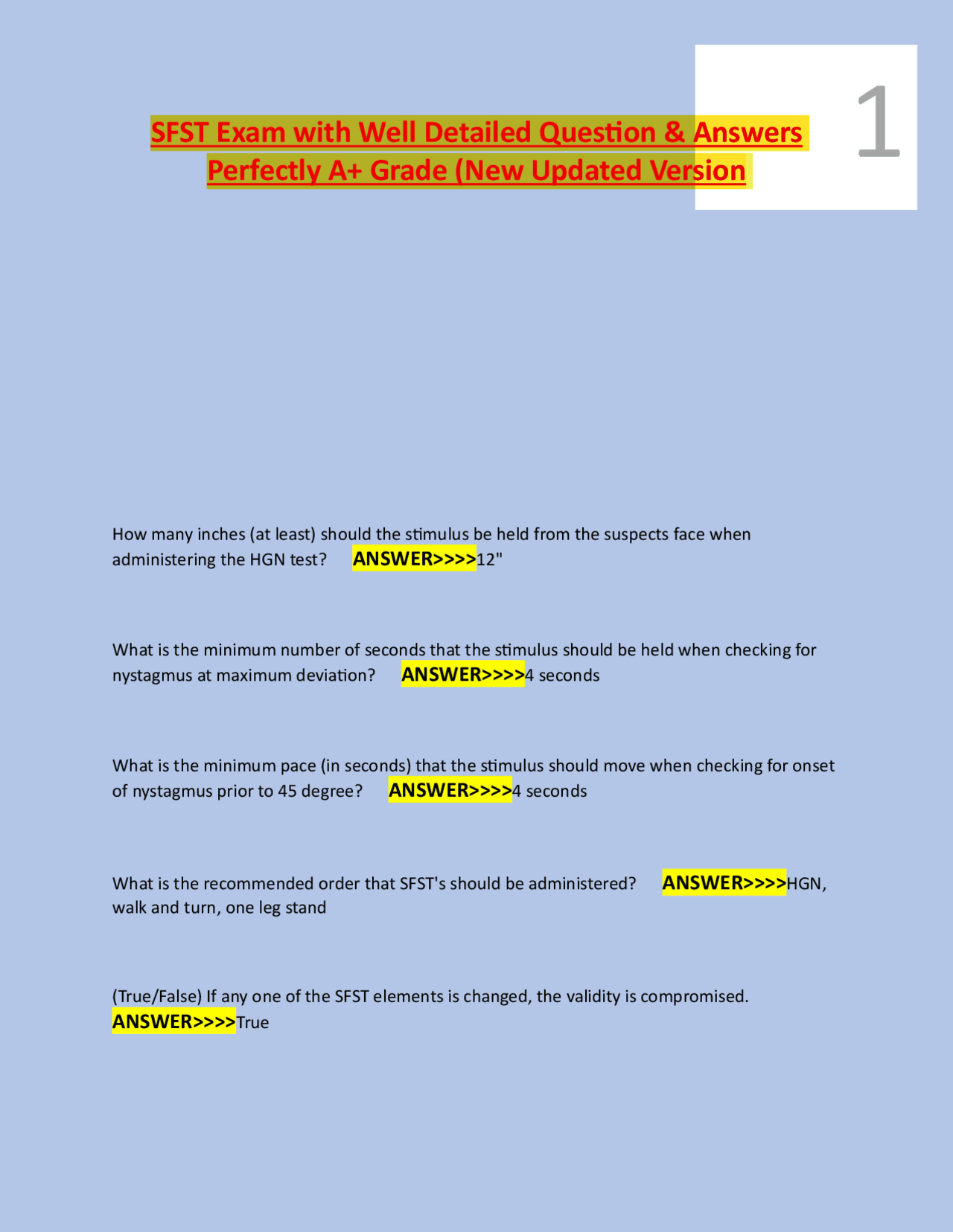 SFST Exam with Well Detailed Question & Answers Perfectly A+ Grade (New ...