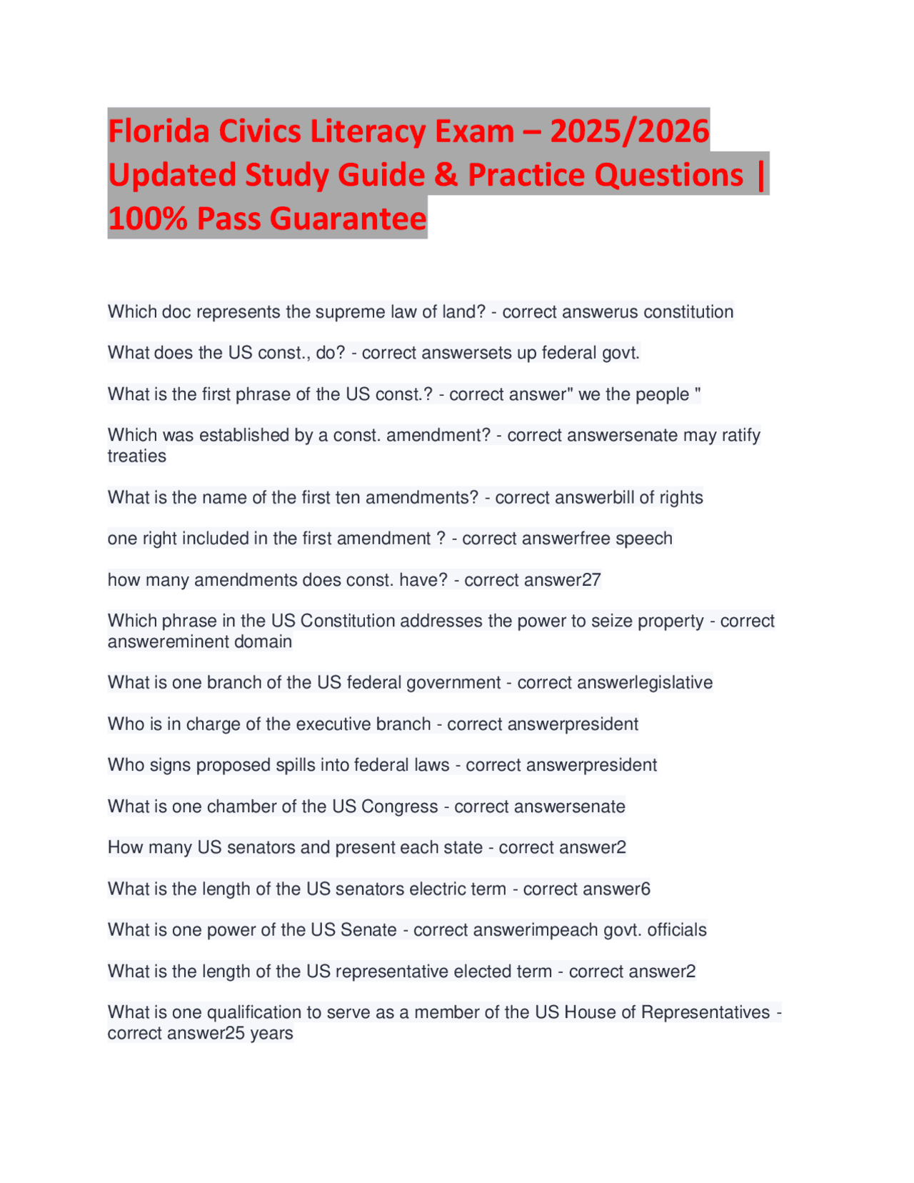 Florida Civics Literacy Exam Study Guide: Practice Questions and ...