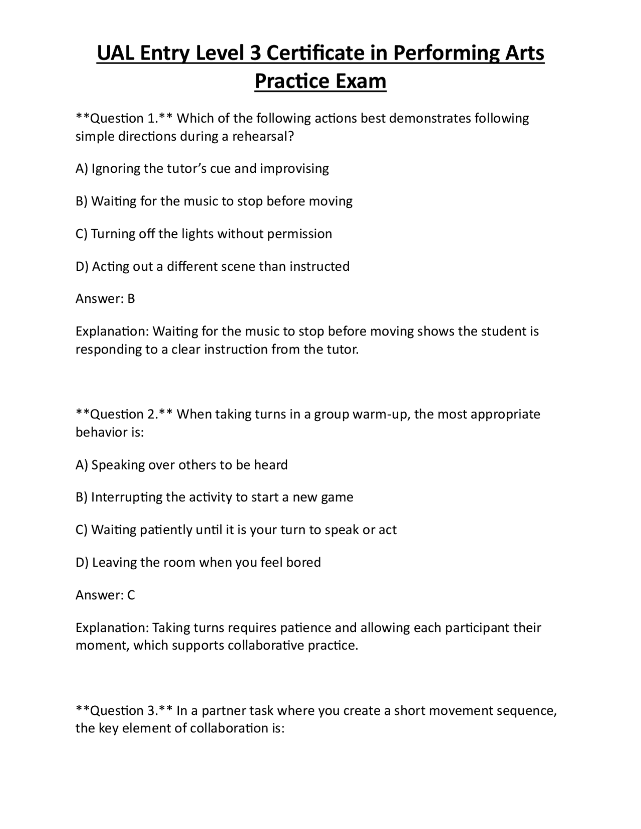 UAL Entry Level 3 Certificate in Performing Arts Practice Exam | Exams ...