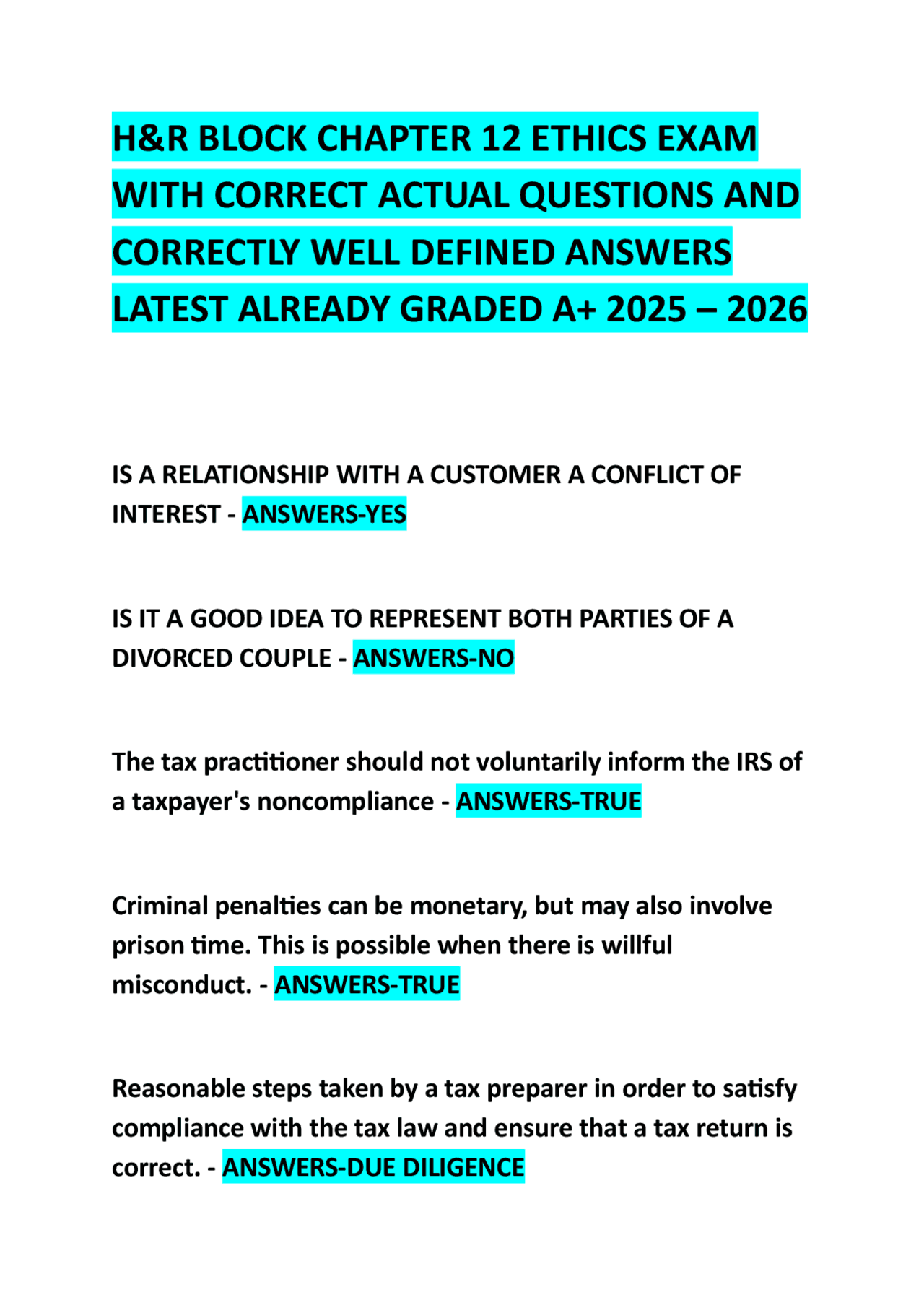 H&R Block Ethics Exam Questions and Answers 2025-2026 | Exams Ethics ...