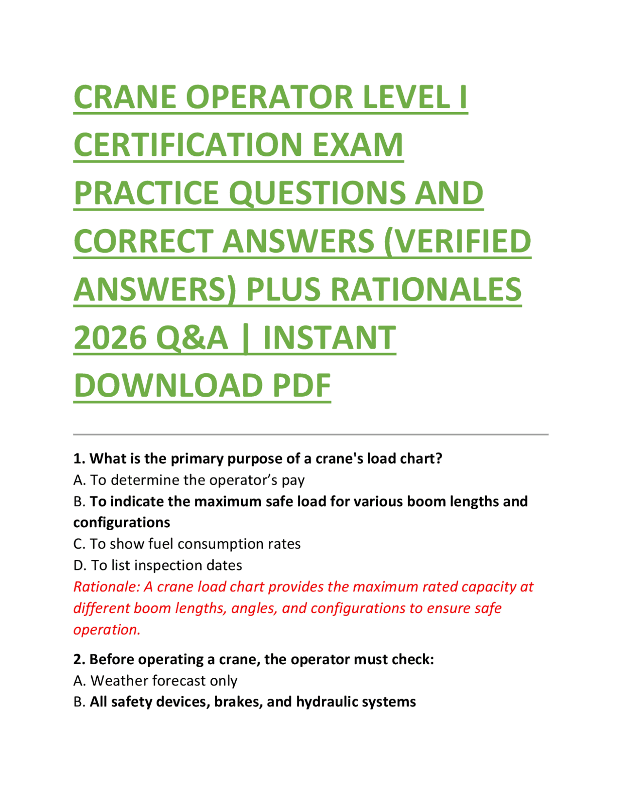 CRANE OPERATOR LEVEL I CERTIFICATION EXAM PRACTICE QUESTIONS AND ...