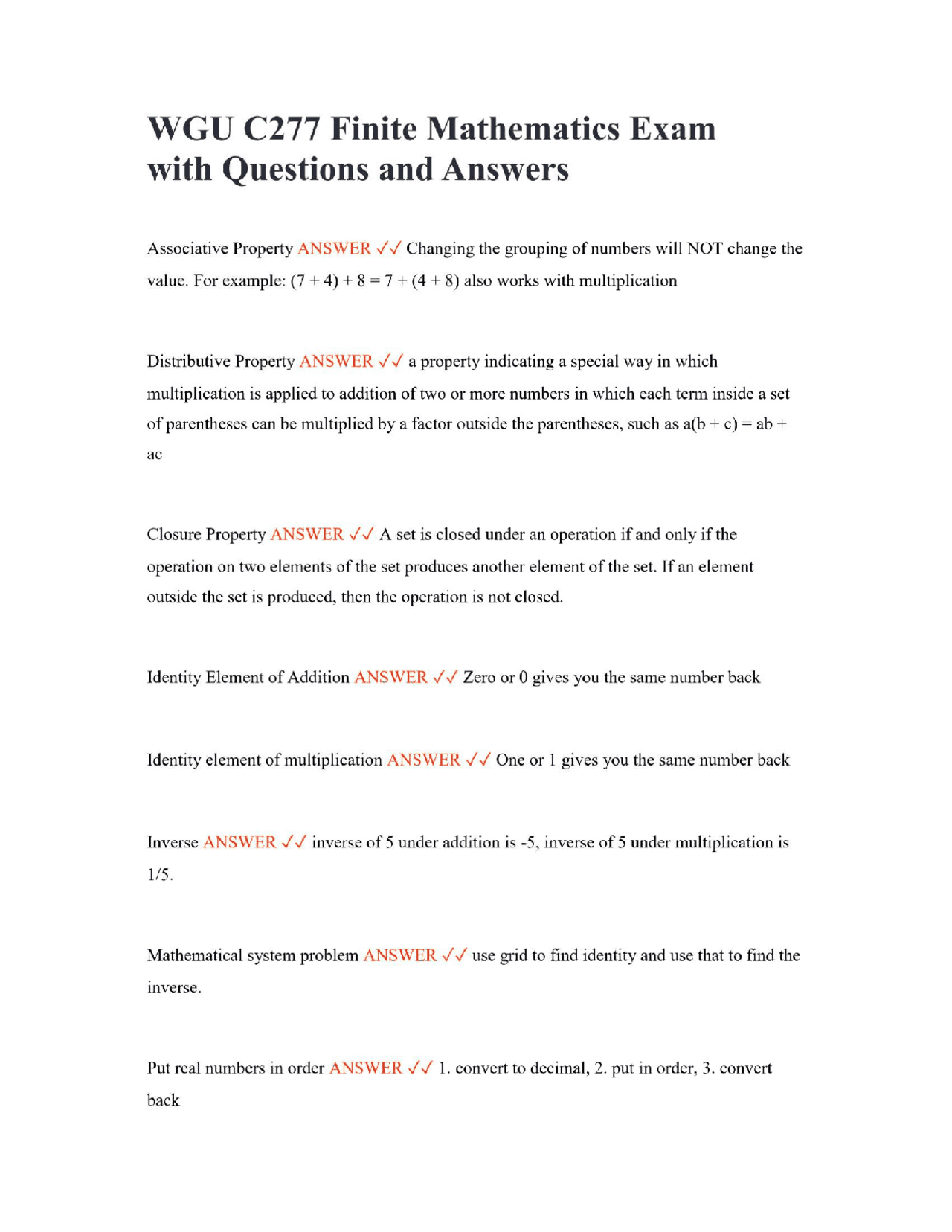 WGU C277 Finite Mathematics Exam with Questions and Answers | Exams ...