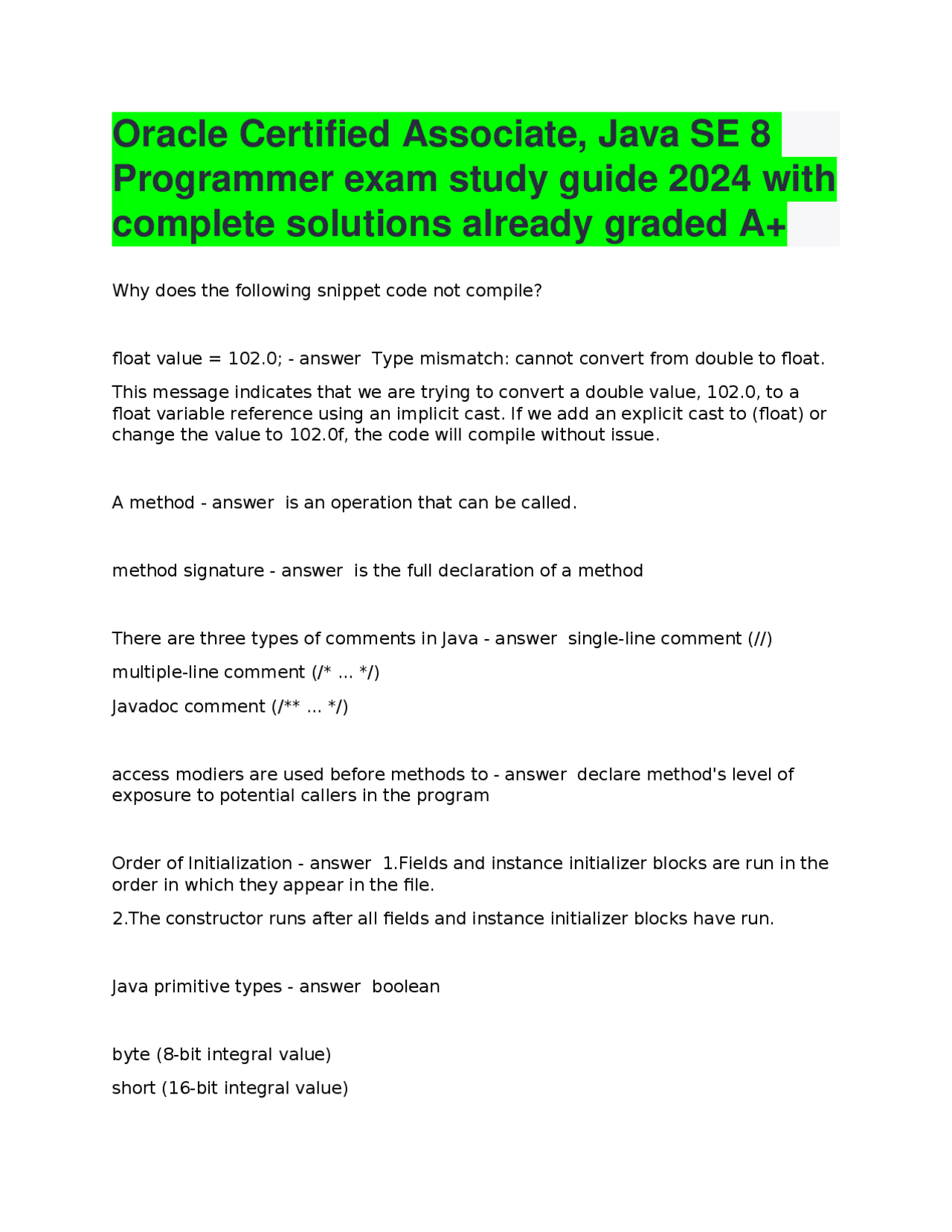 Oracle Certified Associate, Java SE 8 Programmer exam study guide 2024 with complete solut ...