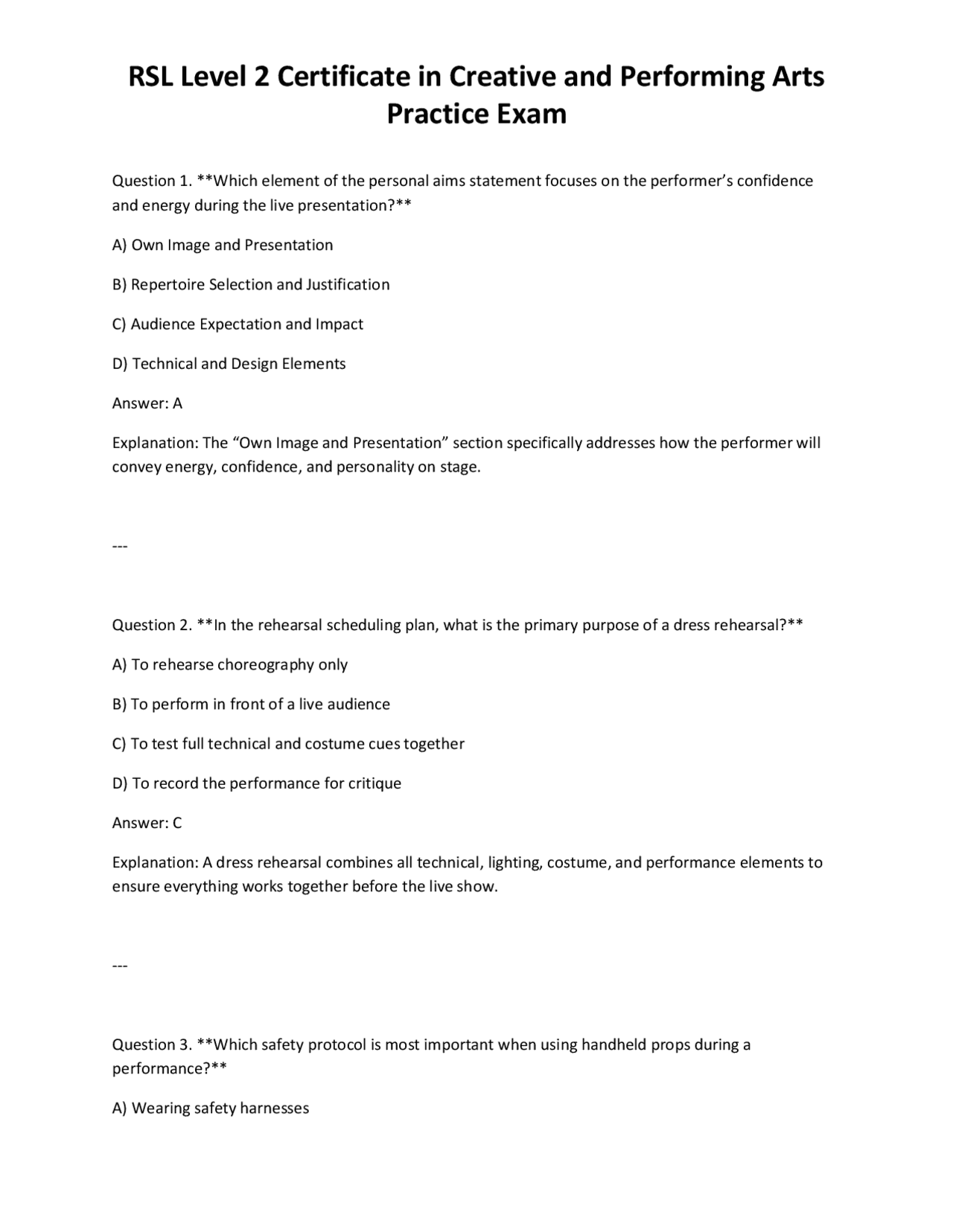 RSL Level 2 Certificate in Creative and Performing Arts Practice Exam ...