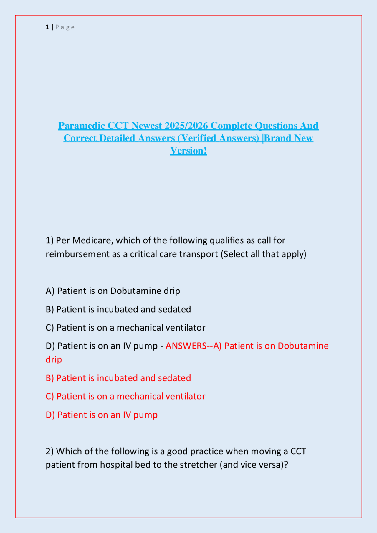 Paramedic CCT Exam Questions and Answers 2025/2026 | Exams Medical ...