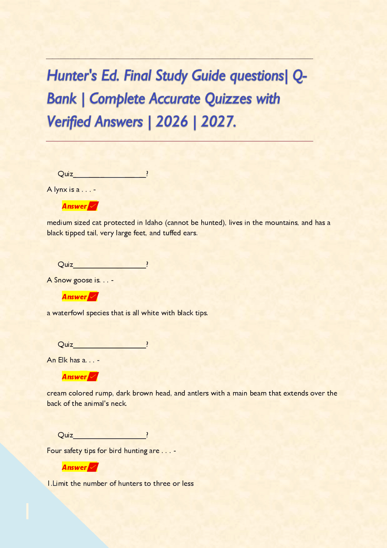 Hunter's Ed. Final Study Guide questions| Q-Bank | Complete Accurate ...