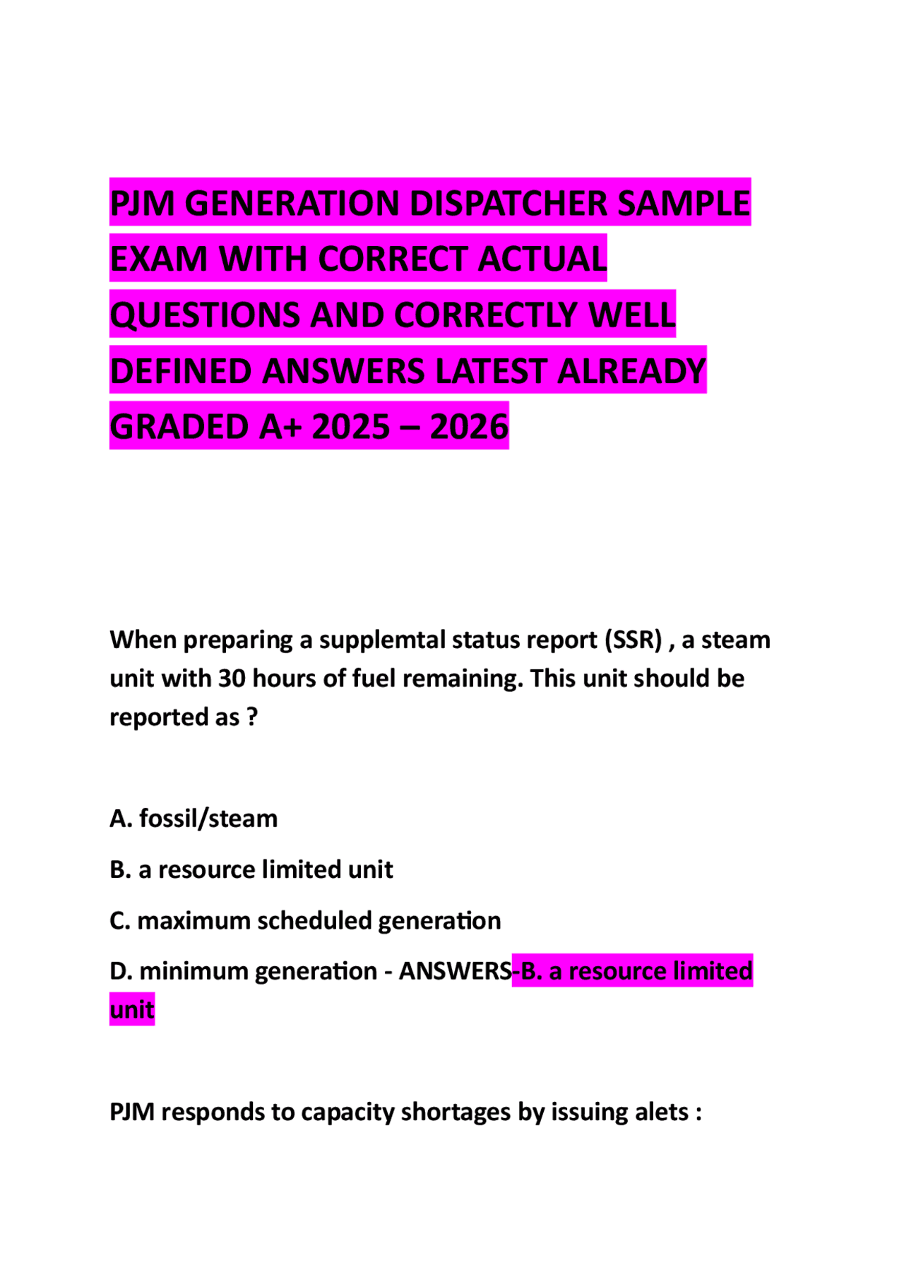 PJM Generation Dispatcher Exam Questions and Answers 2025-2026 | Exams ...